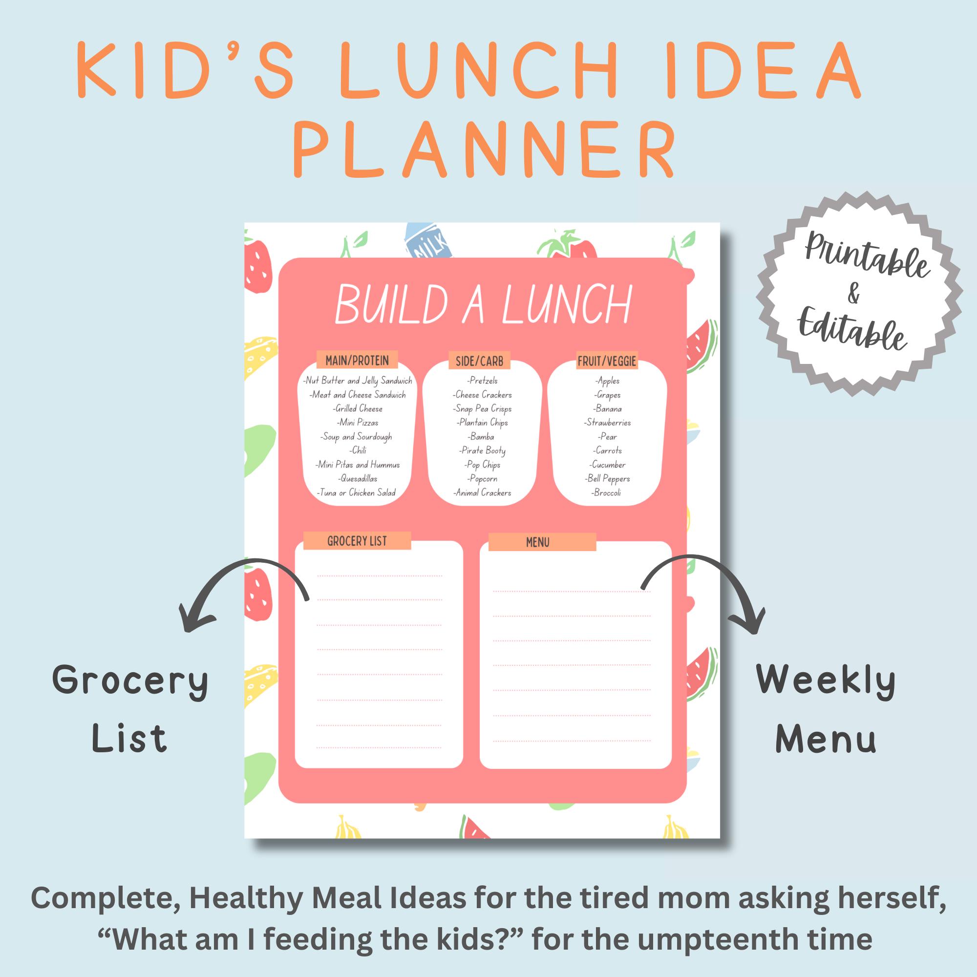 Editable Meal Planner for Kids, Lunch Ideas Printable, School Lunch ...