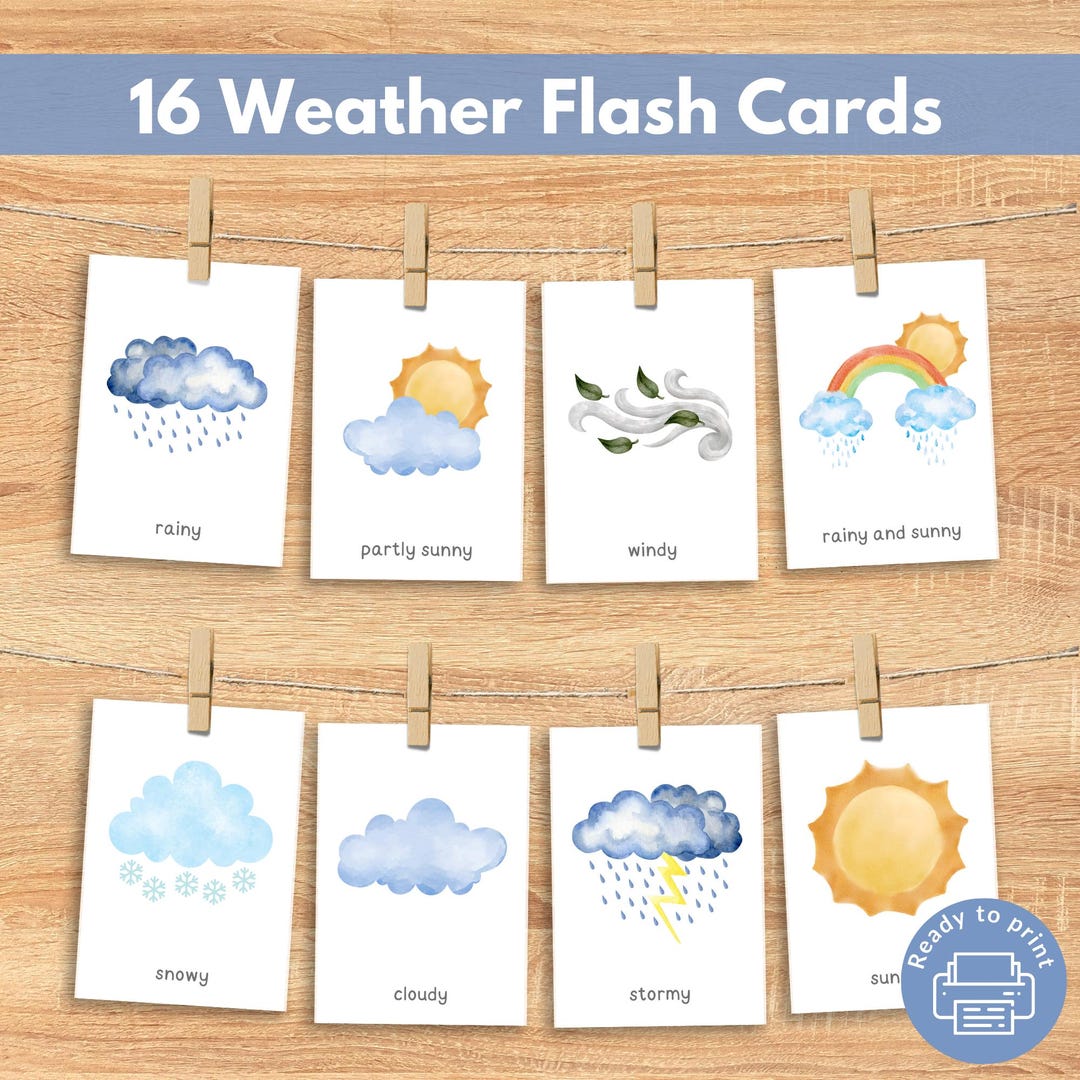 16 Weather Flash Cards, Printable Montessori Materials, Toddler ...