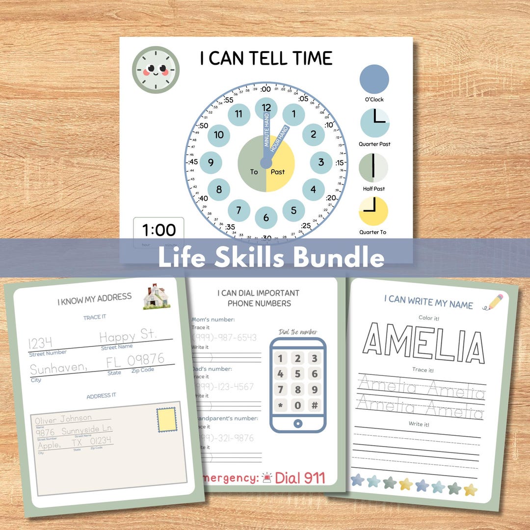 Life Skills Printable Bundle for Kids, Learn Time, Phone, Address, Name ...