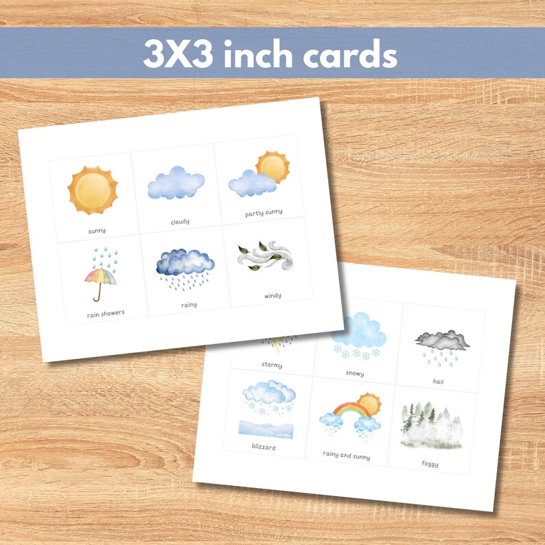 16 Weather Flash Cards, Printable Montessori Materials, Toddler ...
