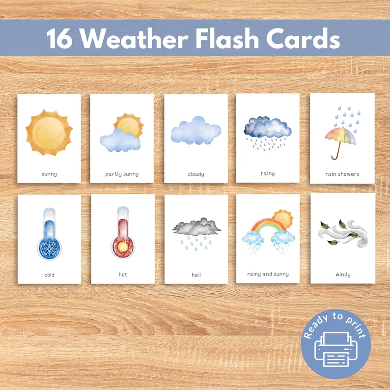 16 Weather Flash Cards, Printable Montessori Materials, Toddler ...