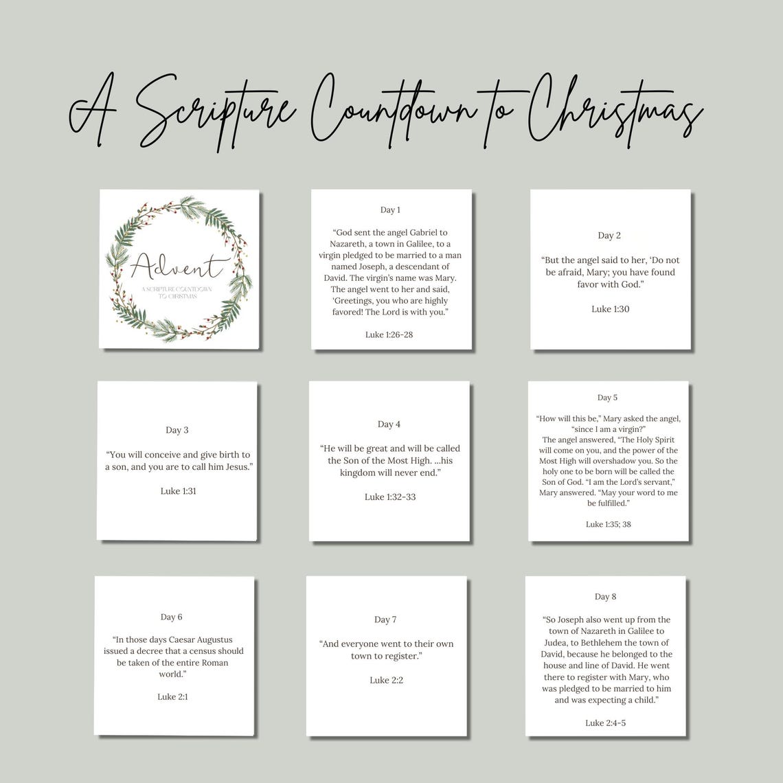 Scripture Advent Christmas Countdown Cards | Printable Nativity ...