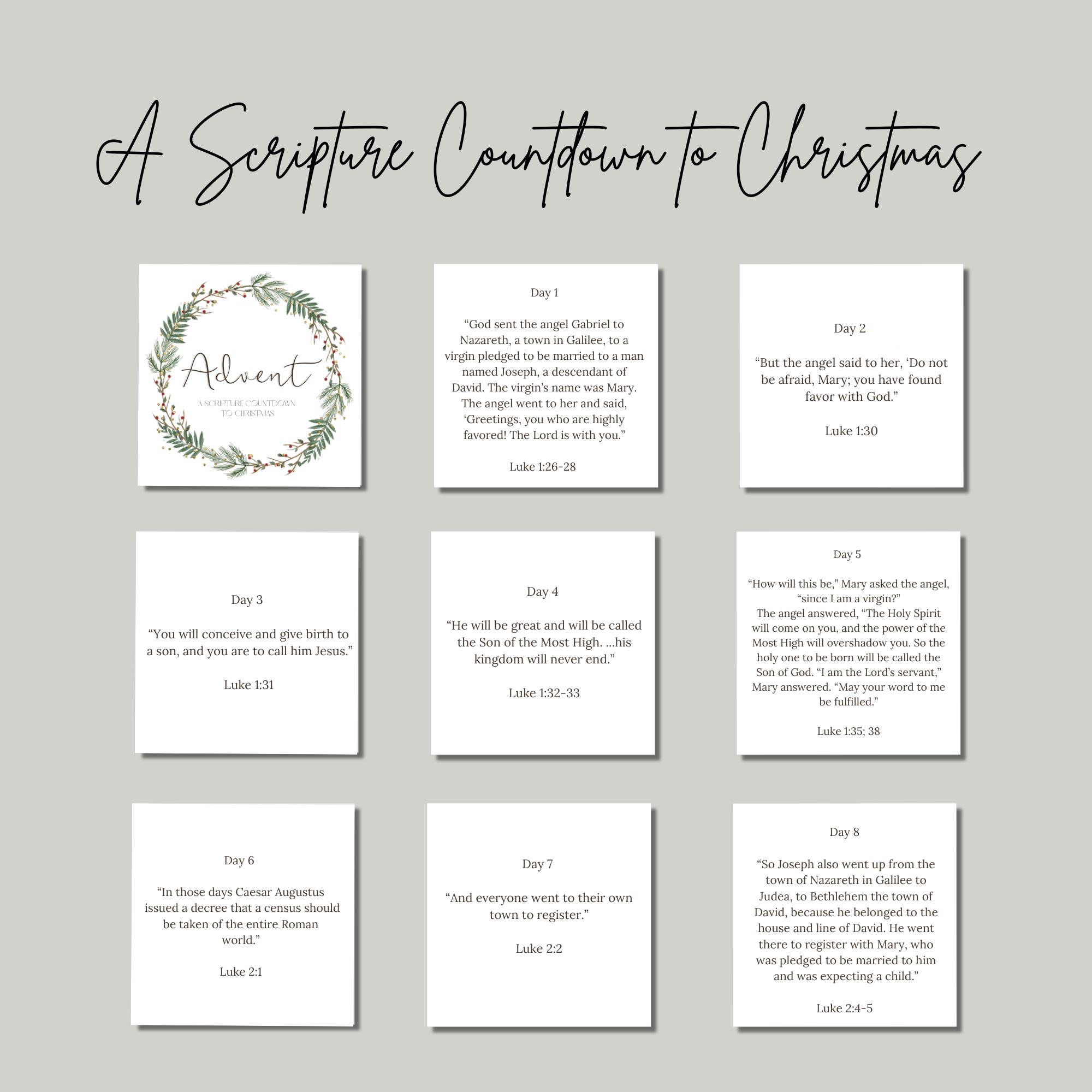 Scripture Advent Christmas Countdown Cards | Printable Nativity ...