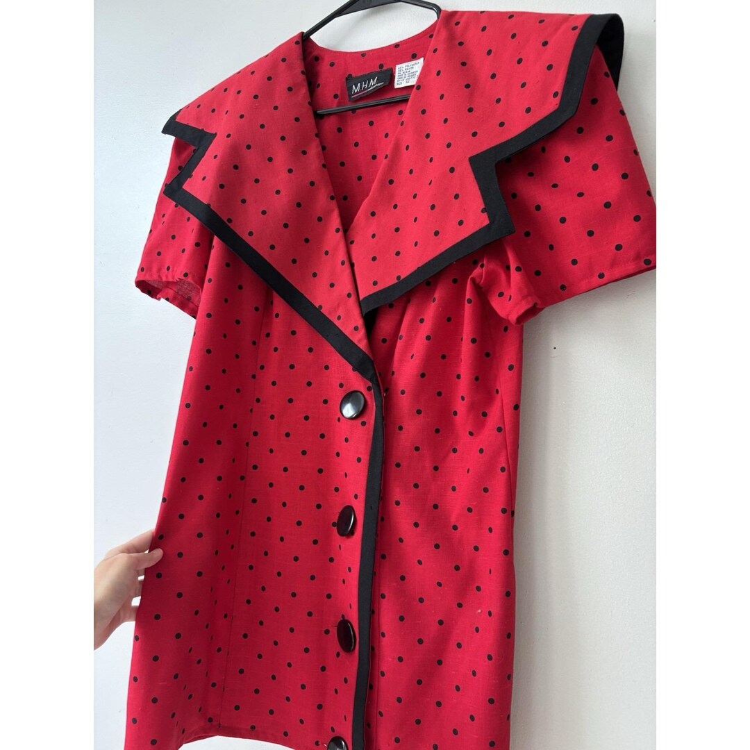 Vintage 80s Romantic Red Polka Dot Button Down V Neck Twee Retro Mini ...