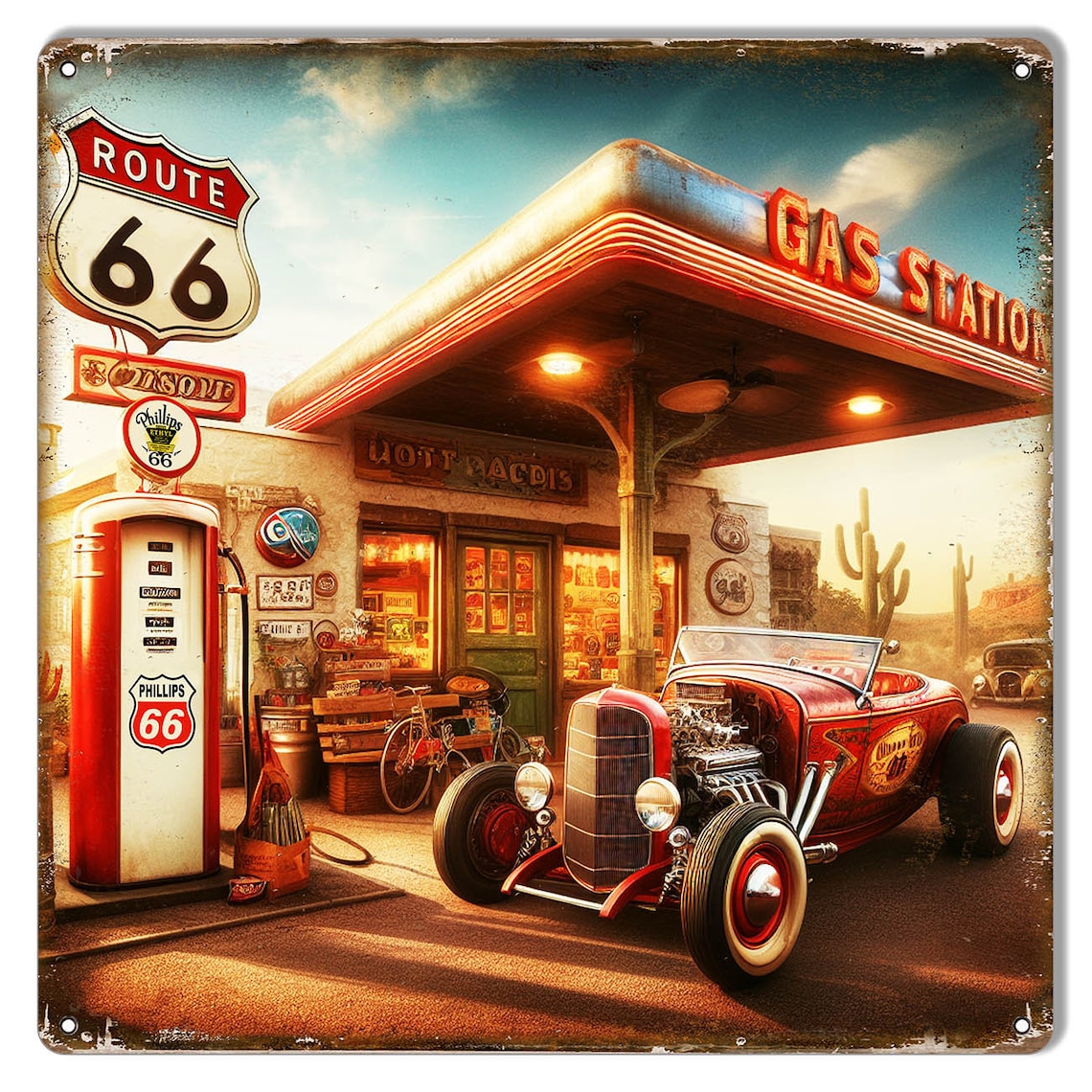 Vintage Style Nostalgic " Hot Rod - Route 66 Gas Station " Metal Sign ...