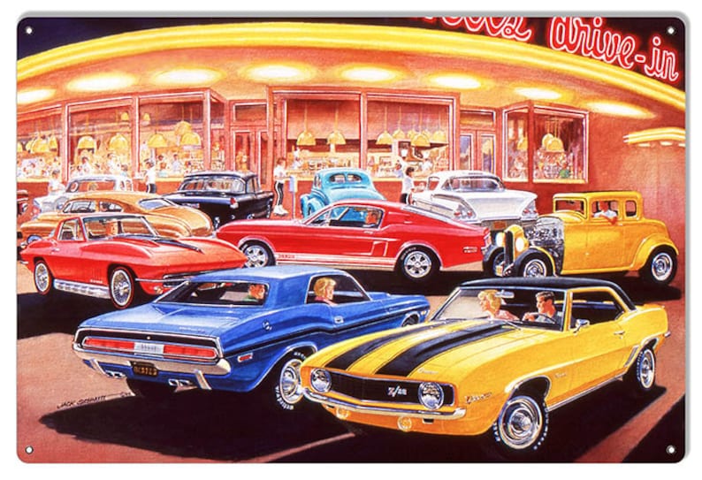 Vintage Style Nostalgic " Classic Muscle Cars at Drive-in " Metal Sign ...