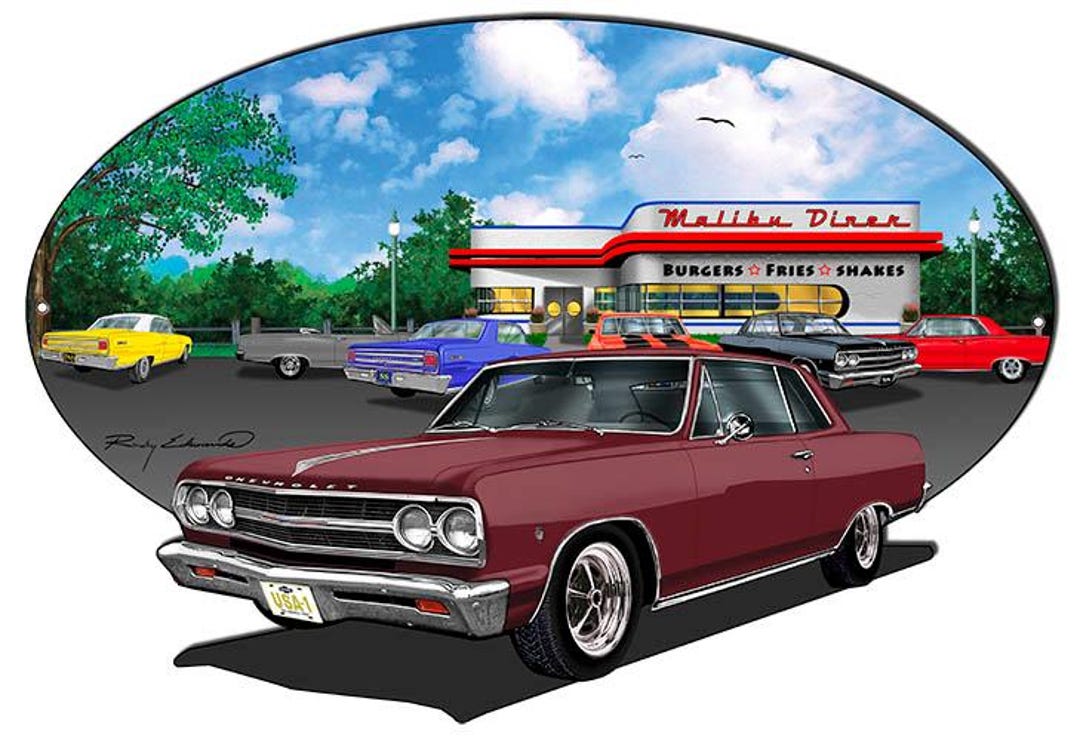 Vintage Style Nostalgic " Burgandy Chevy at a Gas Station " Laser Cut ...