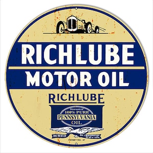 Vintage Style Nostalgic " Richlube Motor Oil - 100% Pure Pennsylvania ...