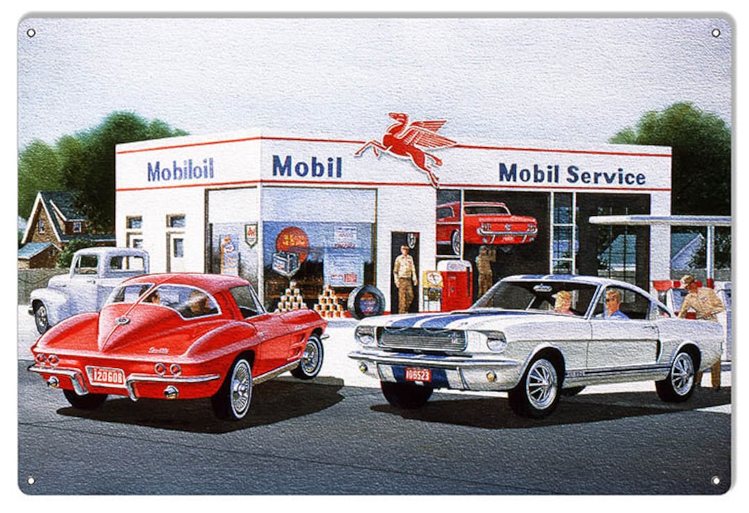 Vintage Style Nostalgic " Mobil Gas Station With Mustang and Corvette ...