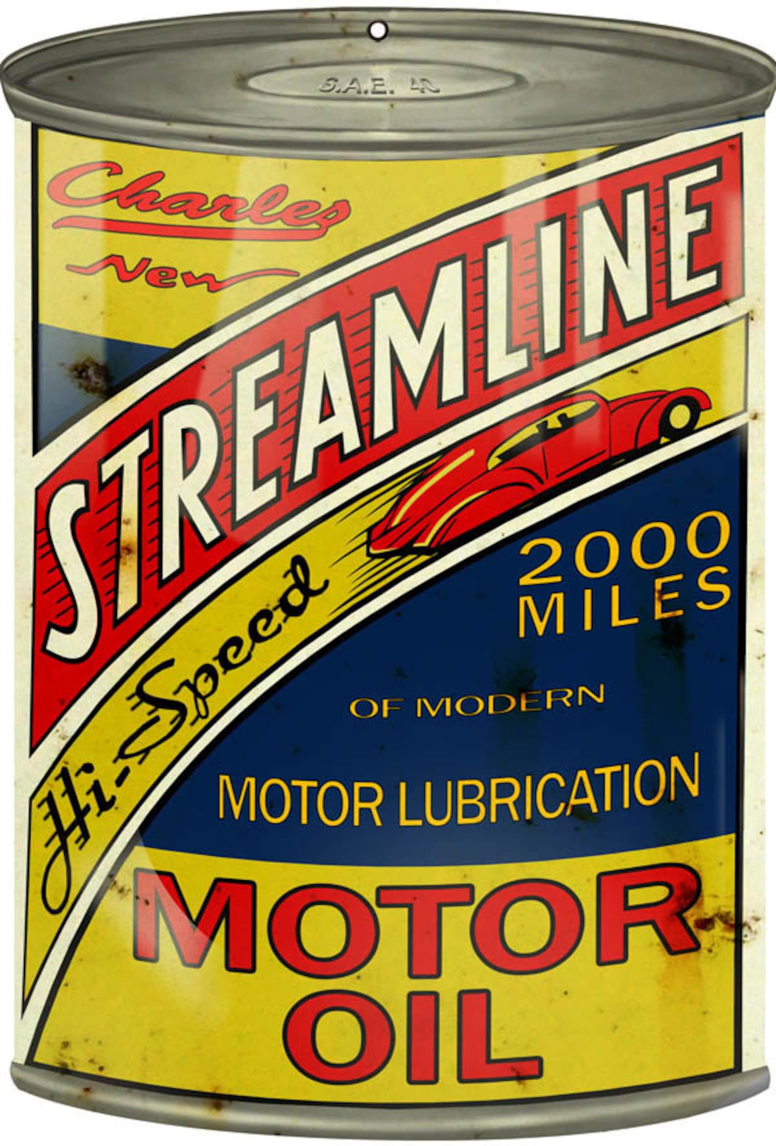 Vintage Style " Streamline Hi-speed Motor Oil " Oil Can Shaped Metal ...