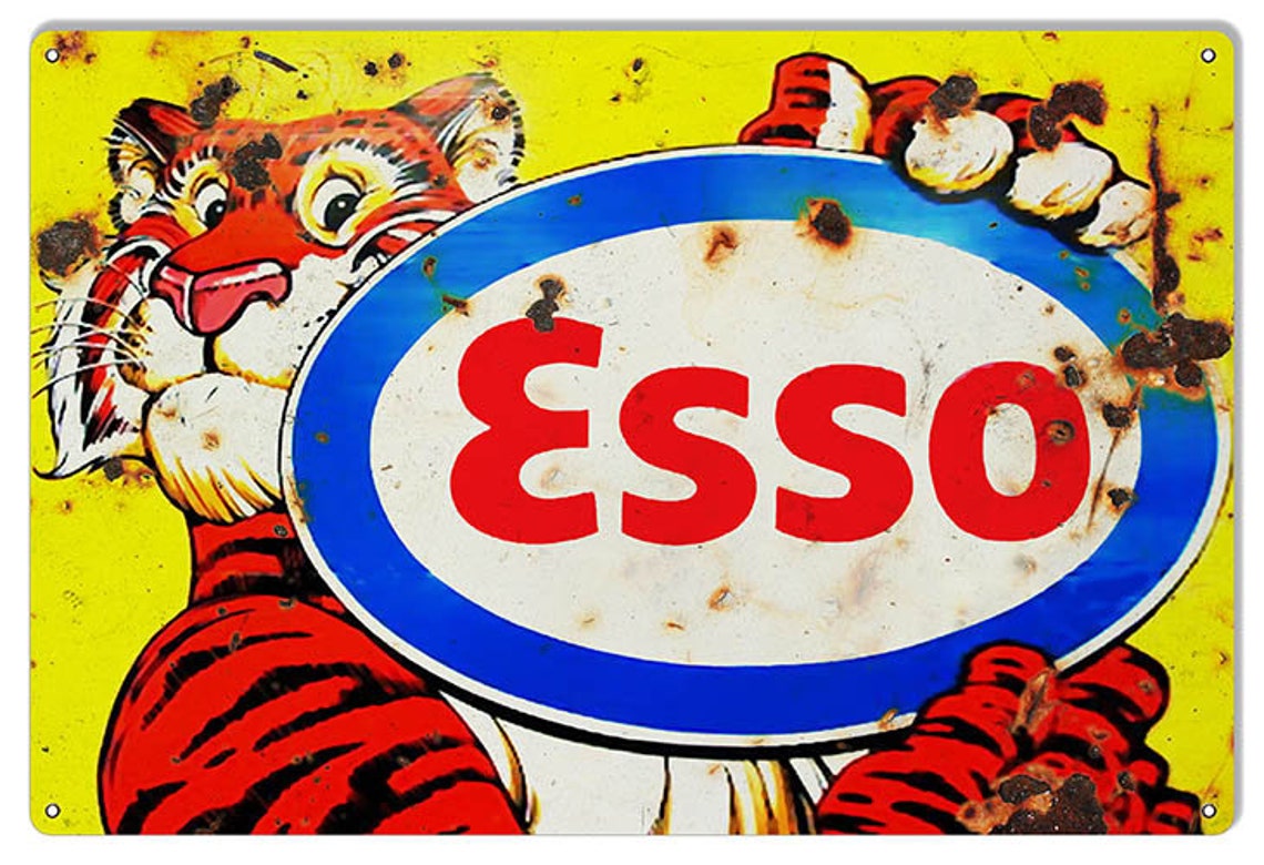 Vintage Style Nostalgic Esso Tiger yellow Gasoline Advertising Metal ...
