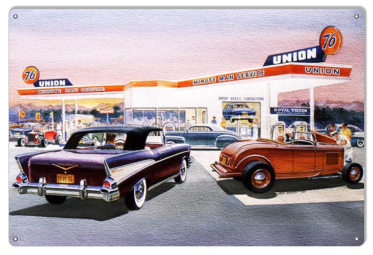 Vintage Style Nostalgic " Union 76 Gas Station With 1957 Belair and Hot Rod " Metal Sign for ...