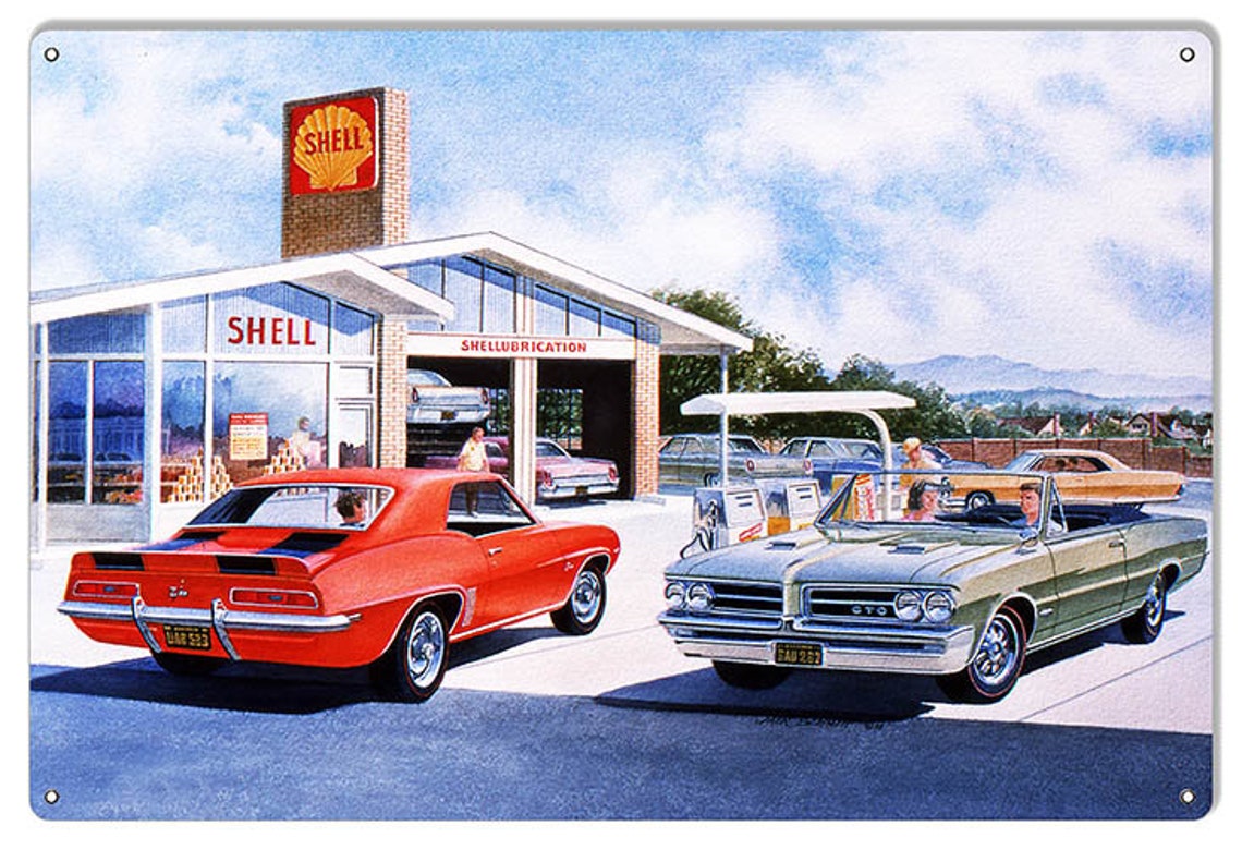 Vintage Style Nostalgic " GTO and Camaro at 1960's Shell Gas Station ...