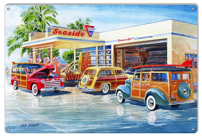 Vintage Style Nostalgic " Seaside Gas Station With Classic Woodies ...