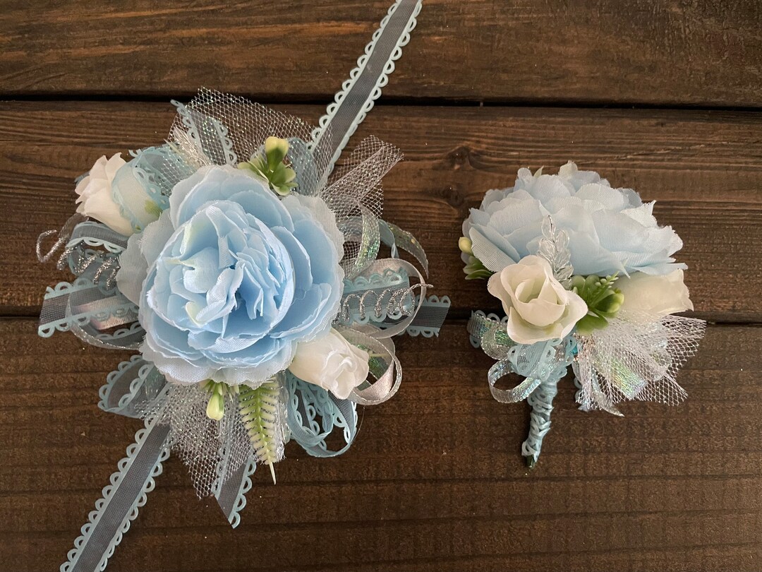 Silver & Baby Blue Corsage and Boutonnière Set / Mother of the - Etsy