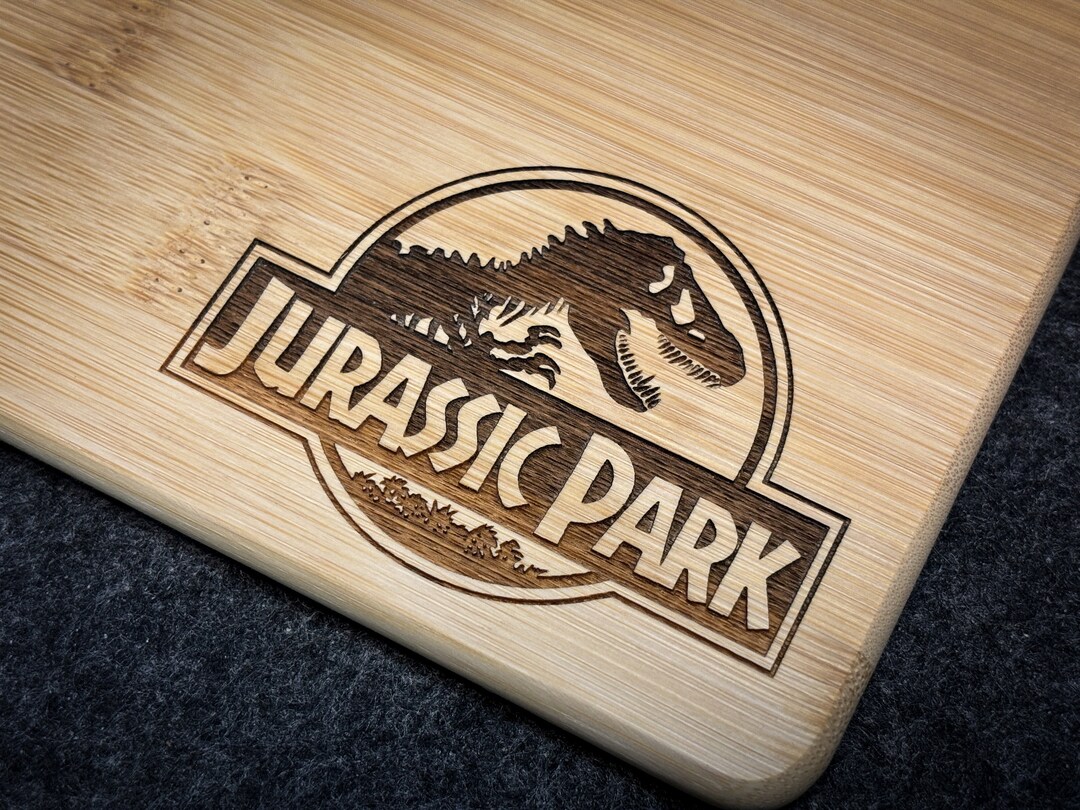 Jurassic Park - T-rex Logo - Laser Engraved Bamboo Cutting Board in 3 ...
