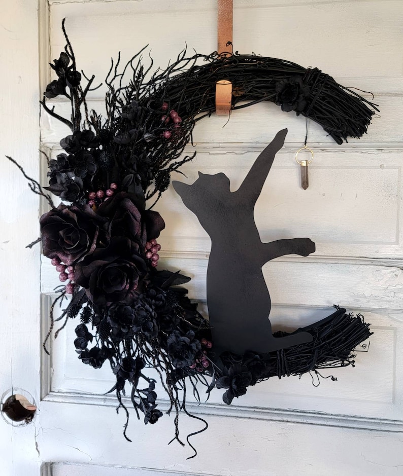Cat Moon Wreath Witchy Hag Crescent Moon Wreath W/ Crystal • Gothic ...