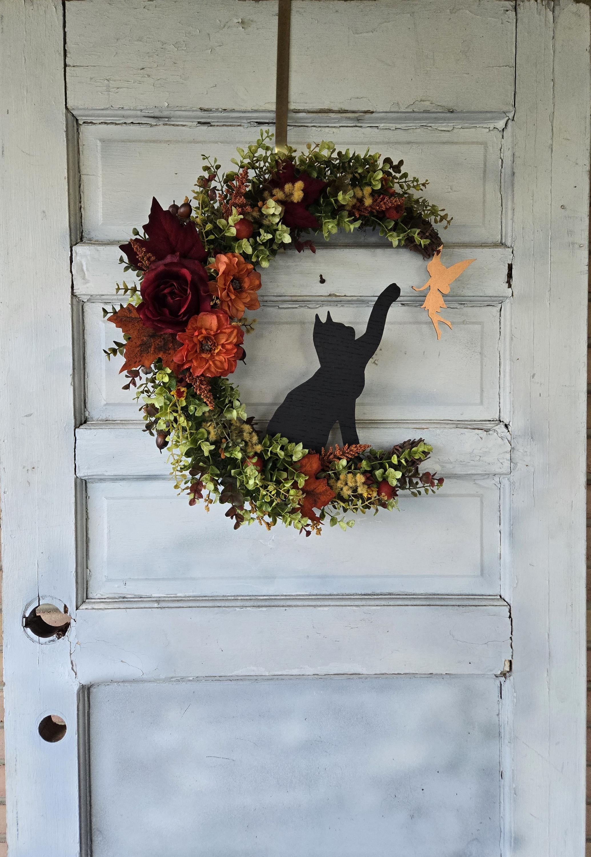 Fairy Cat Fall Crescent Moon Wreath • Celestial Door Hanger • Halloween ...