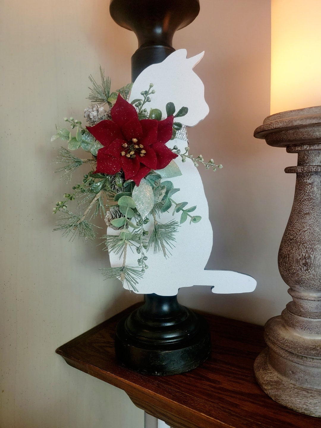 Winter Cat Christmas Tree Topper W/ Poinsettia • Holiday Candlestick ...