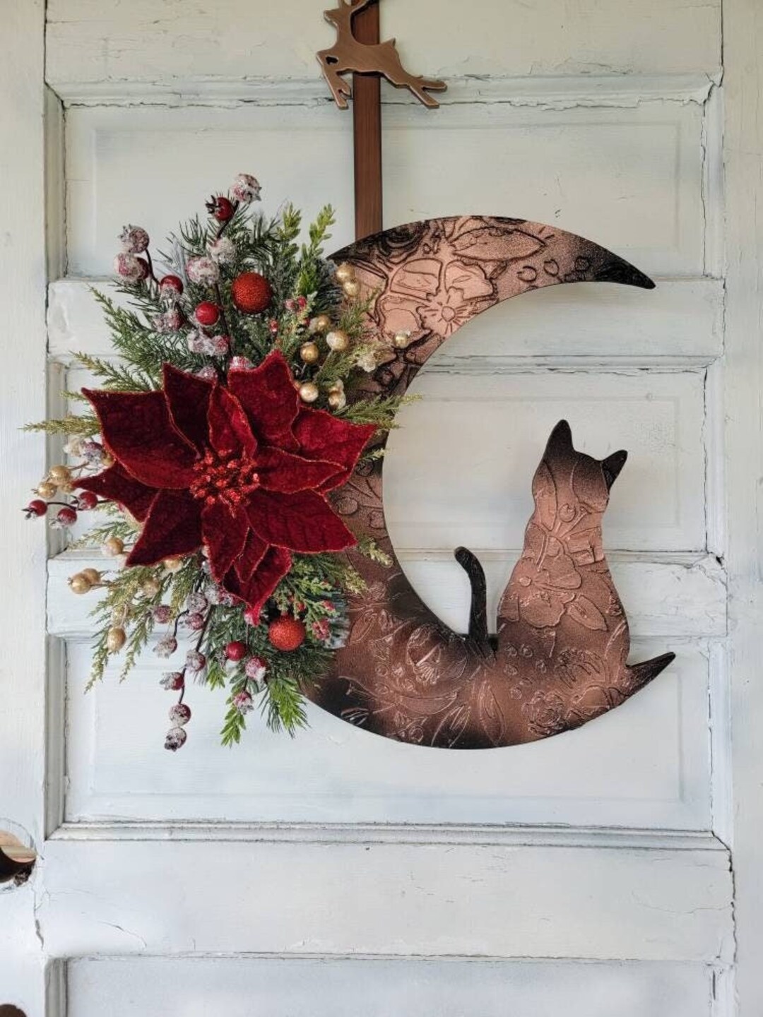 Winter Crescent Moon Christmas Cat Poinsettia Wreath Witchy Seasonal ...
