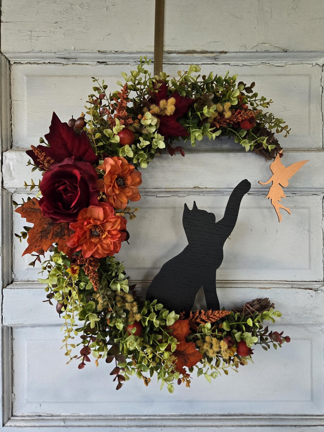 Fairy Cat Fall Crescent Moon Wreath • Celestial Door Hanger • Halloween ...
