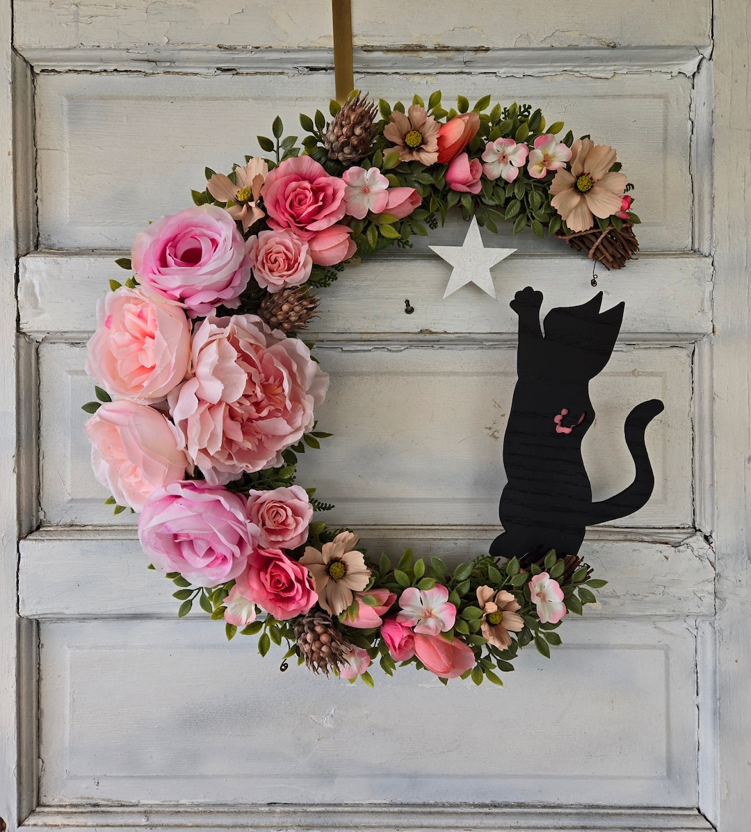 Spring Crescent Moon Black Cat Wreath W/ Pink Peonies & Star • Witchy ...