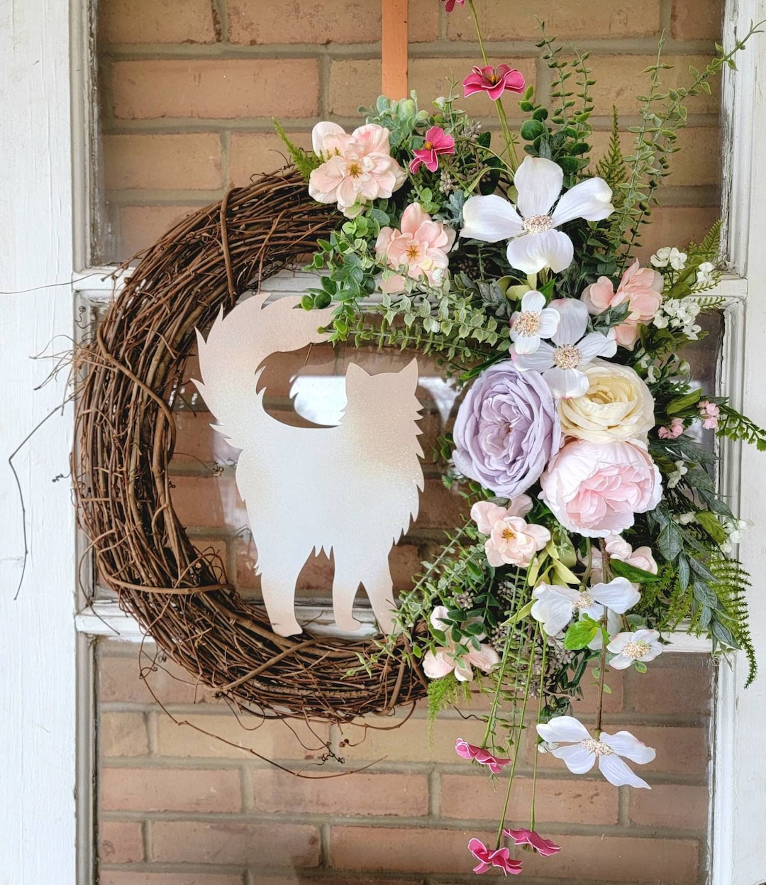 Spring Easter Fluffy Cat Wreath • 18" Grapevine W/ Pink & Lavender ...