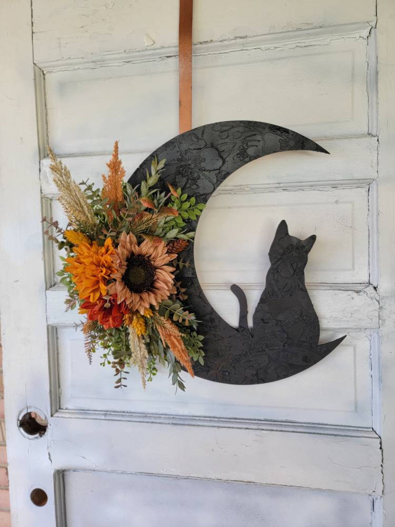 Fall Cat Crescent Moon Wreath Witchy Botanical W/ Sunflower - Etsy