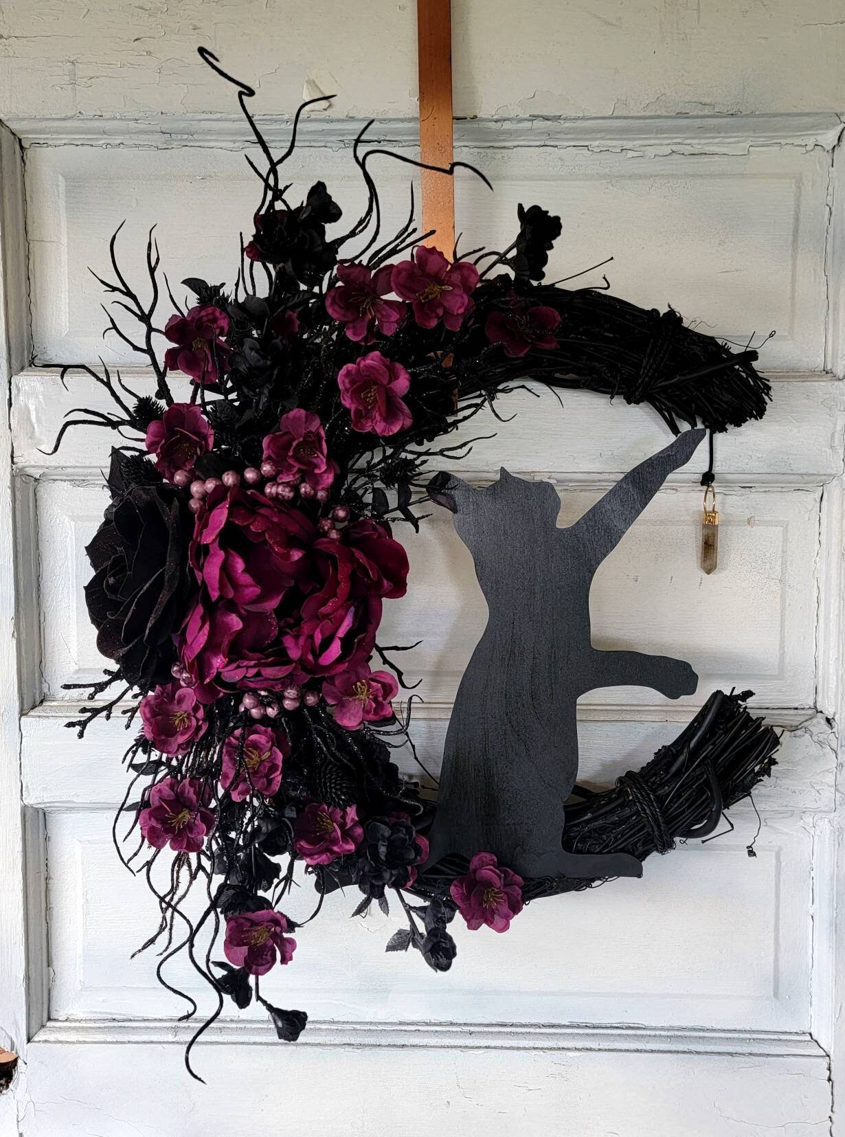 Black Cat Witchy Hag Wreath Crescent Moon Wreath W/ Crystal • Gothic ...