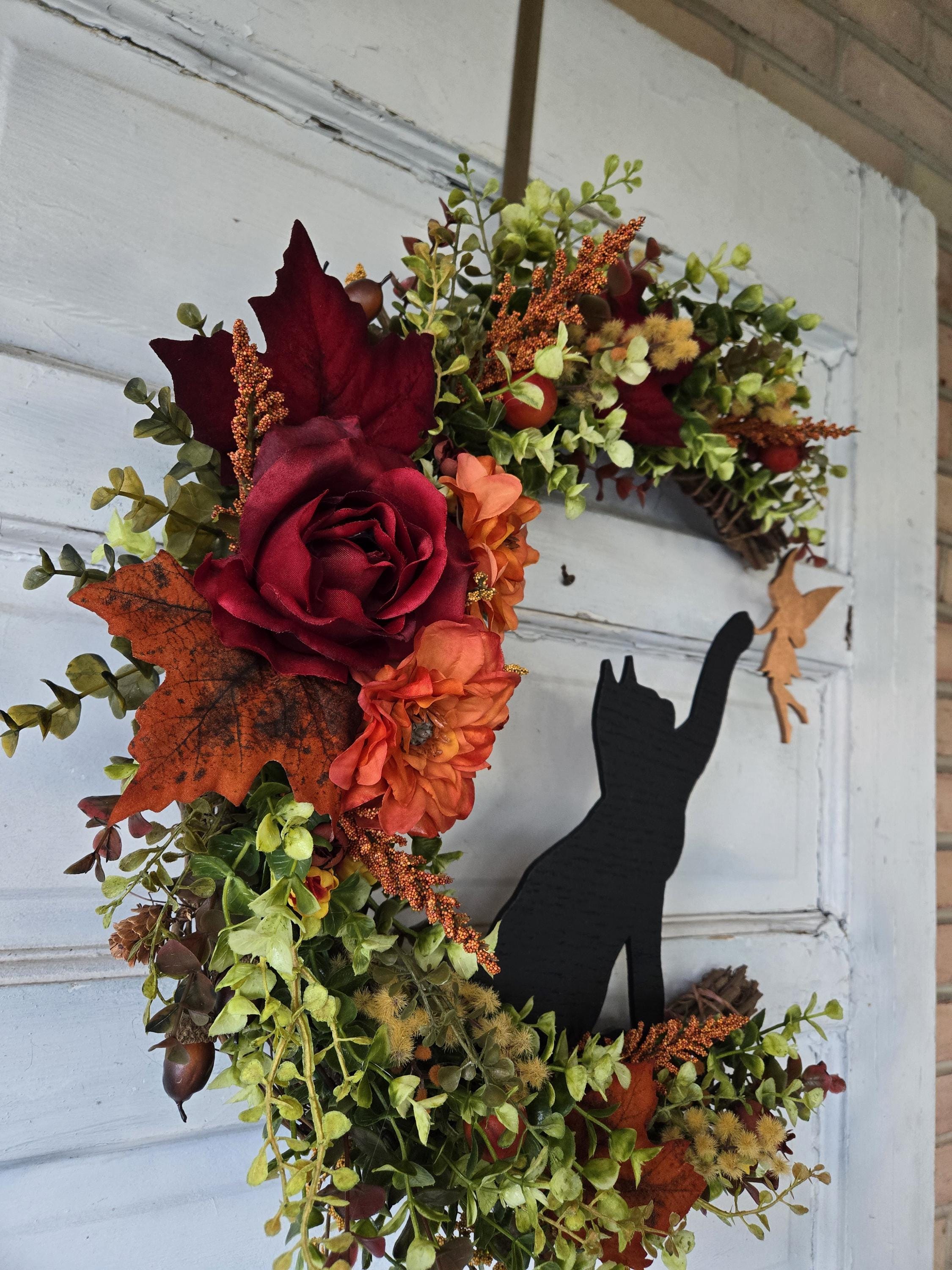 Fairy Cat Fall Crescent Moon Wreath • Celestial Door Hanger • Halloween ...
