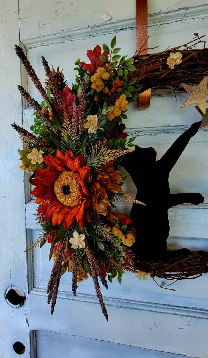 Cat Moon Wreath Fall Sunflower Crescent 18'' Grapevine - Etsy
