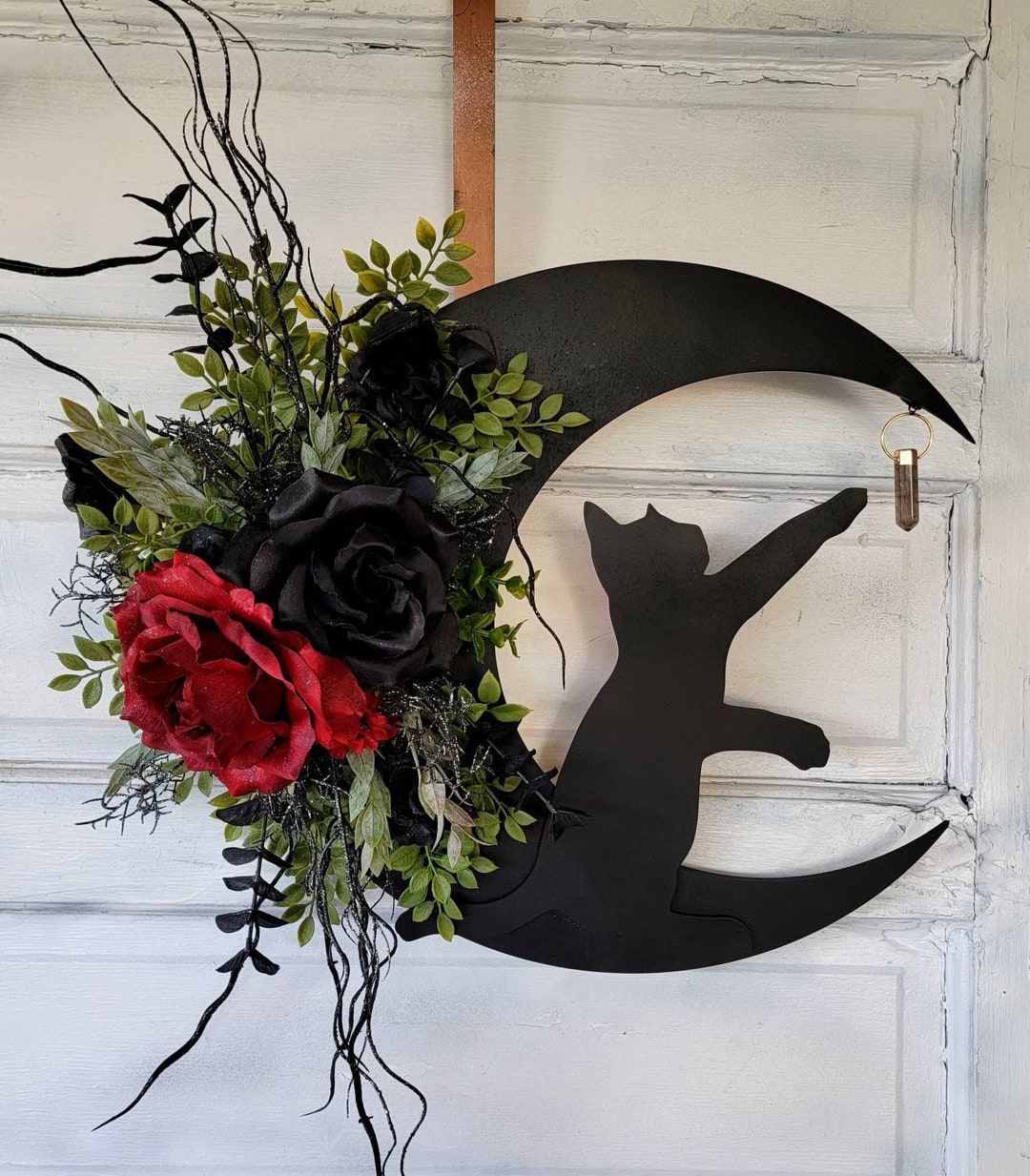 Victorian Crescent Moon Cat 15" Wall Art W/ Maroon & Black Flowers ...