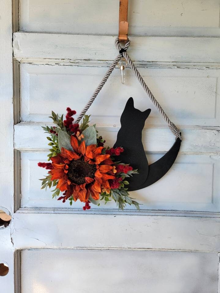 Fall Cat Wall Decor Crystal Crescent Moon W/ Orange Sunflower • Witchy ...
