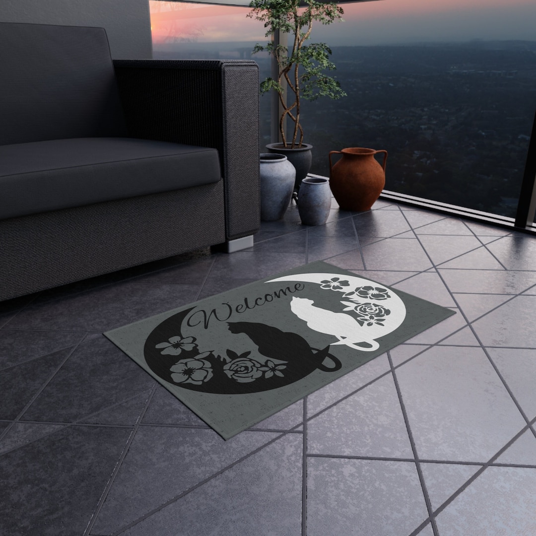 Cat Crescent Moon Welcome Mat • Witchy Outdoor Rug • Entrance Doormat ...