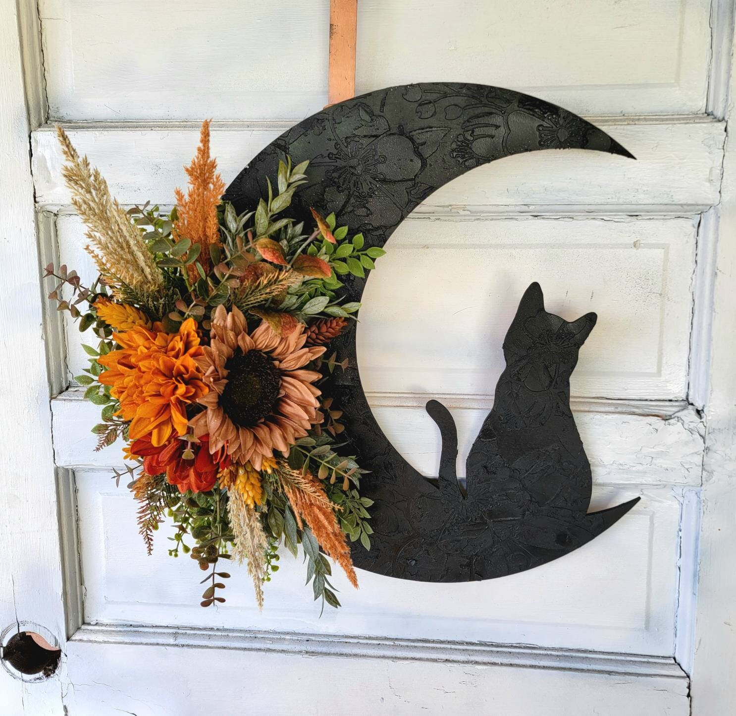 Fall Cat Crescent Moon Wreath Witchy Botanical W/ Sunflower - Etsy