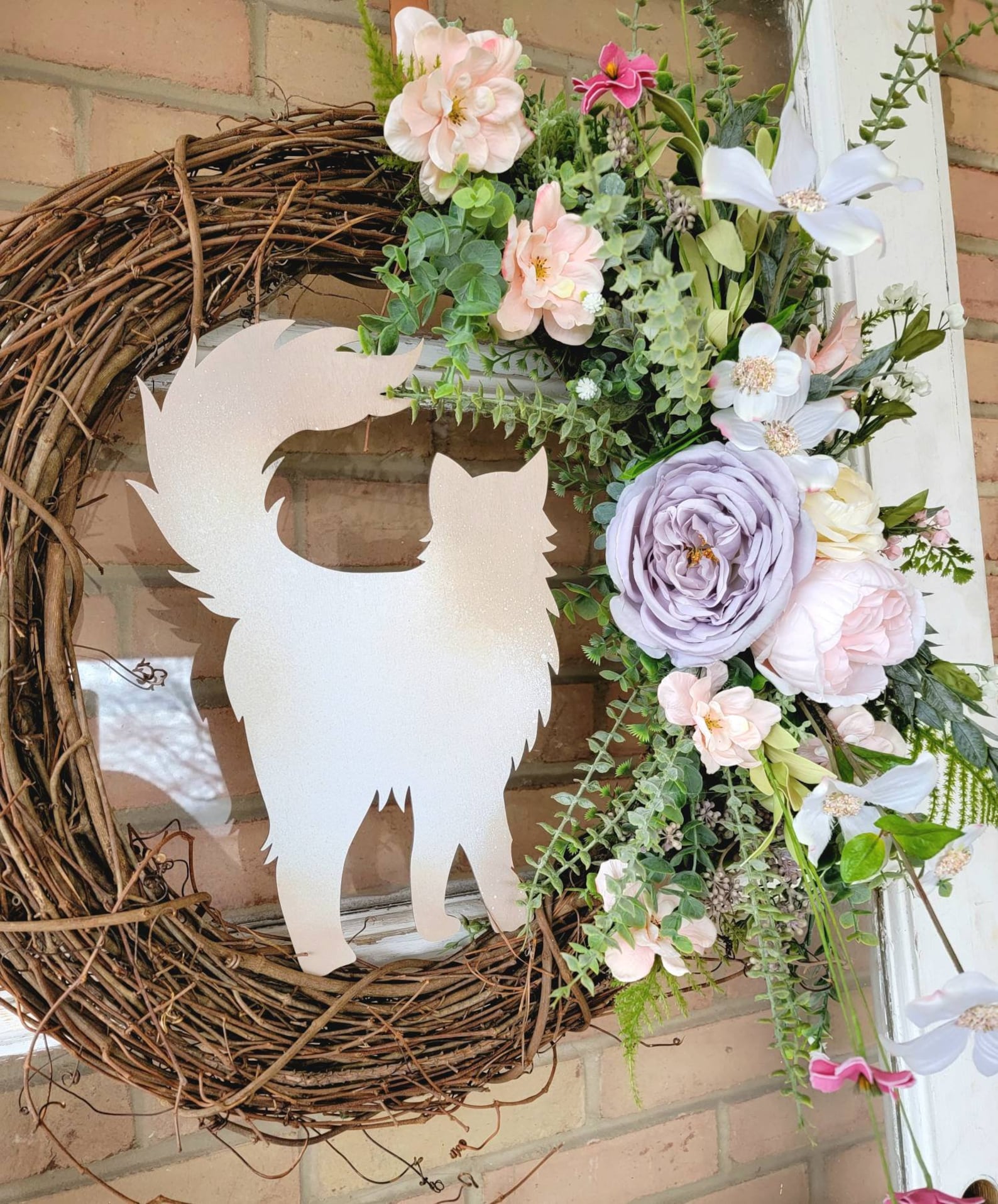 Spring Easter Fluffy Cat Wreath 18 Grapevine W/ Pink & - Etsy