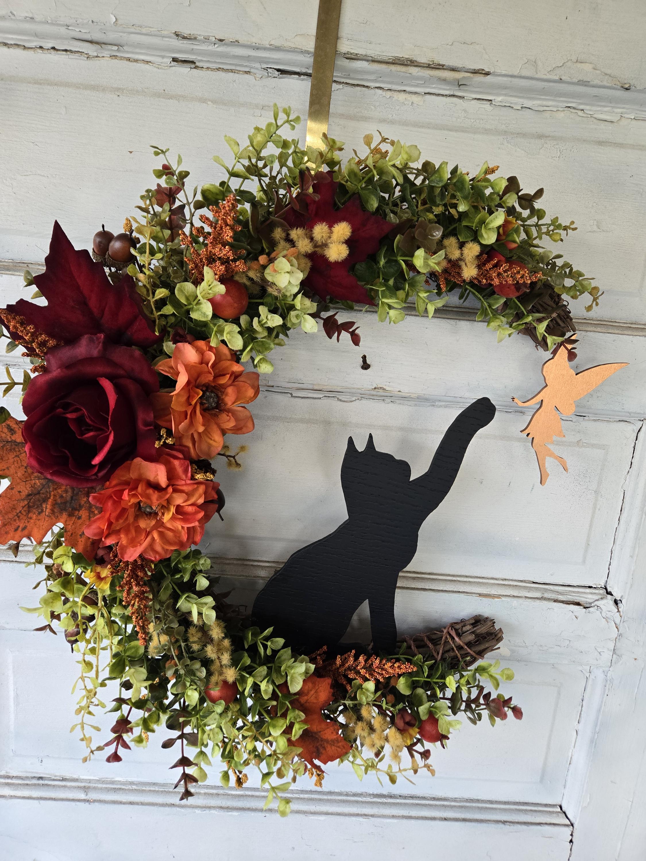 Fairy Cat Fall Crescent Moon Wreath • Celestial Door Hanger • Halloween ...