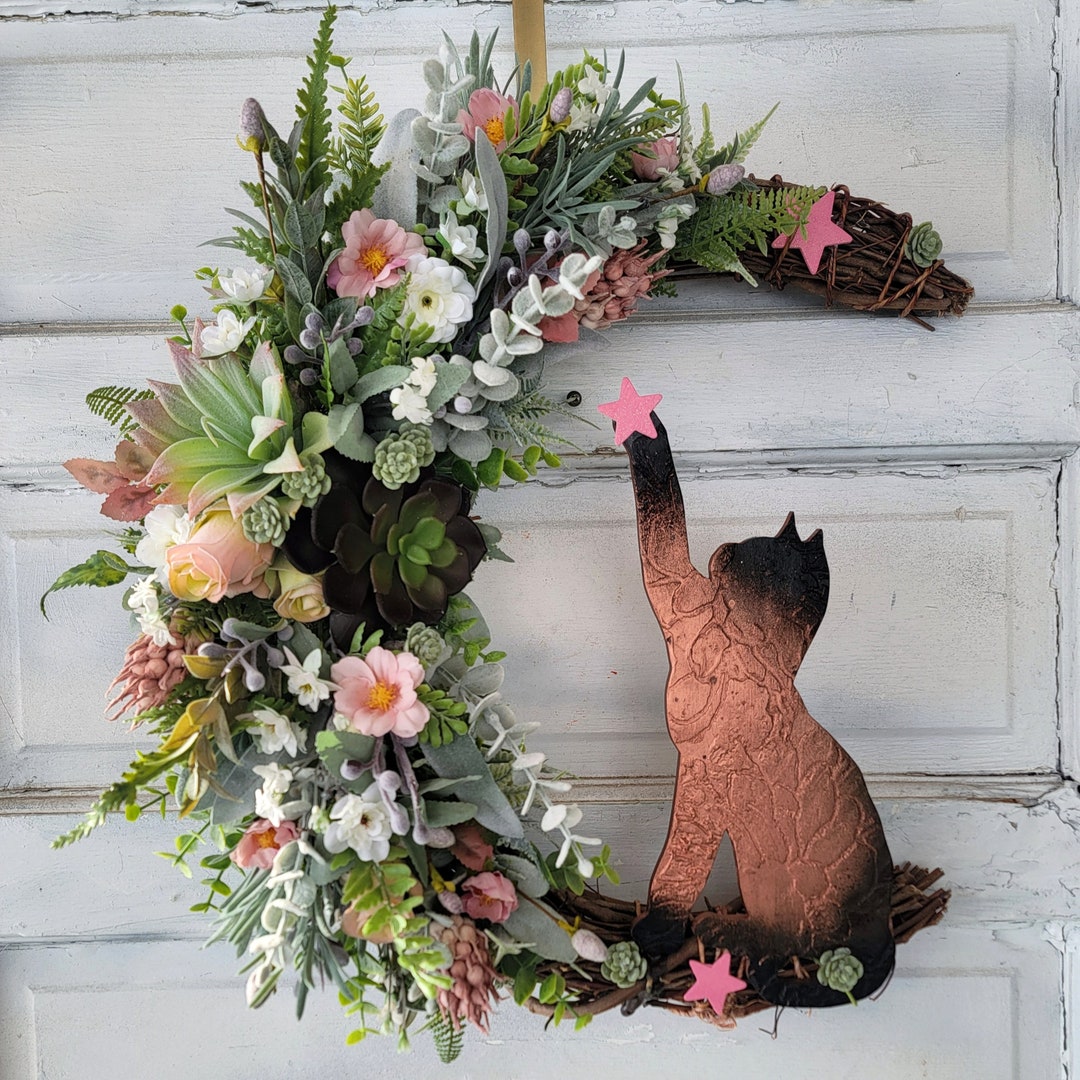 Spring Succulent Cat Crescent Moon Wreath • Wildflower Boho Door Hanger ...