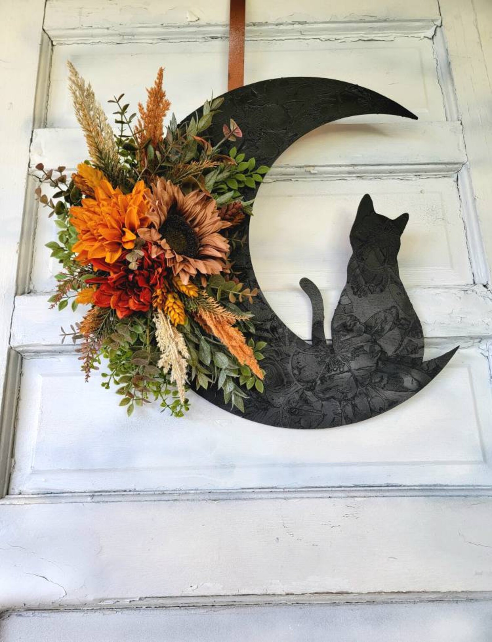 Fall Cat Crescent Moon Wreath Witchy Botanical W/ Sunflower - Etsy