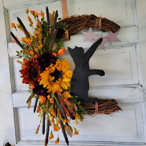 Cat Halloween Crescent Moon Wreath W/ Stars • Gothic Celestial Door ...
