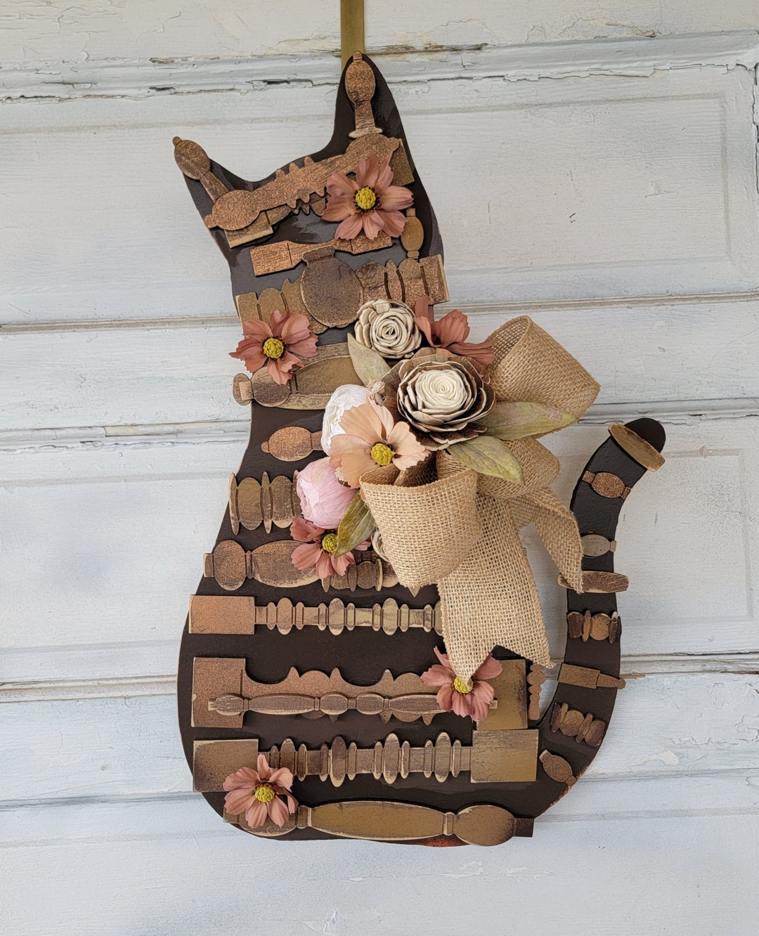 Rustic Spring Spindle Cat Wreath • Easter Farmhouse Door Decor • Kitty ...