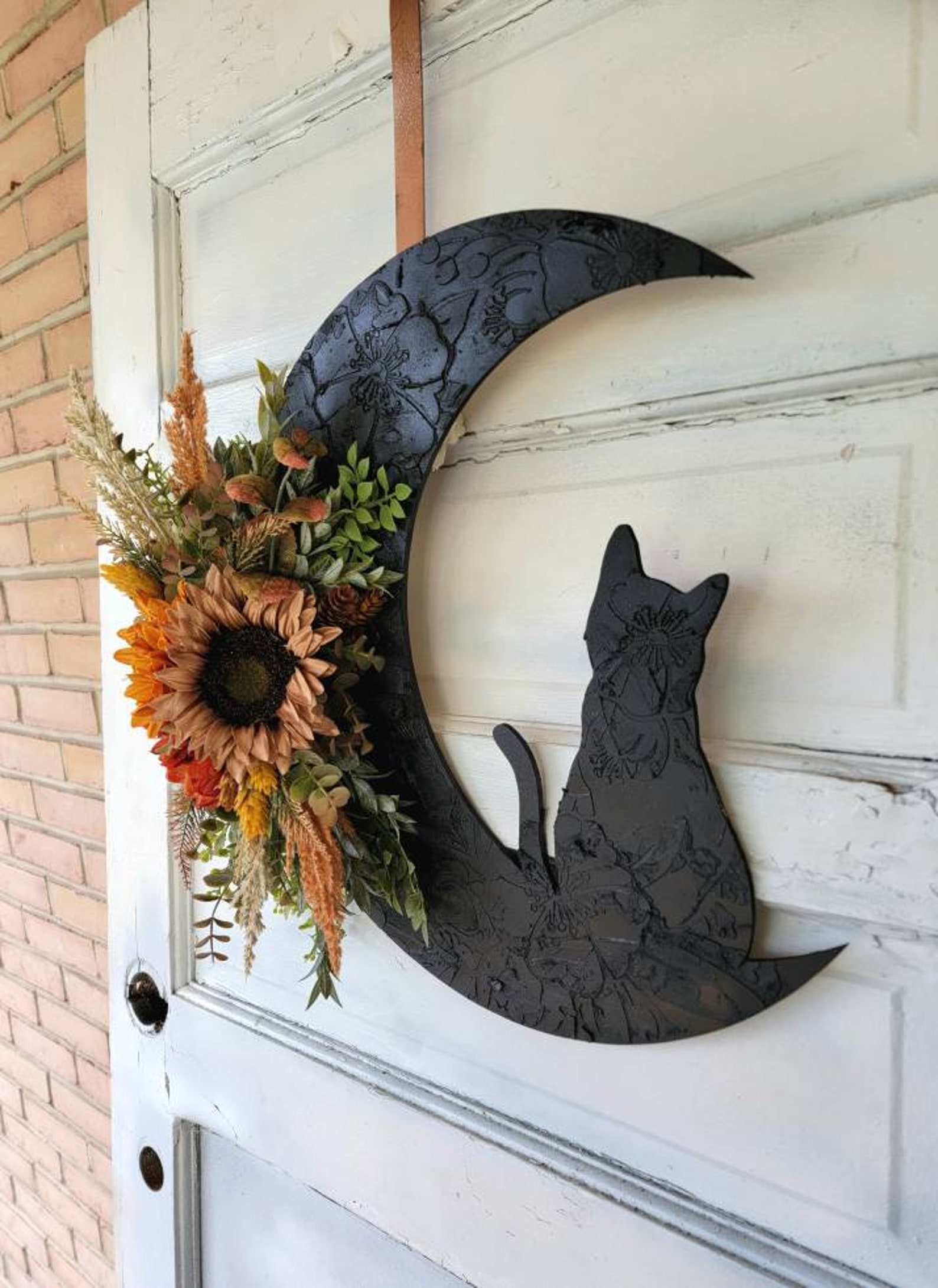 Fall Cat Crescent Moon Wreath Witchy Botanical W/ Sunflower - Etsy