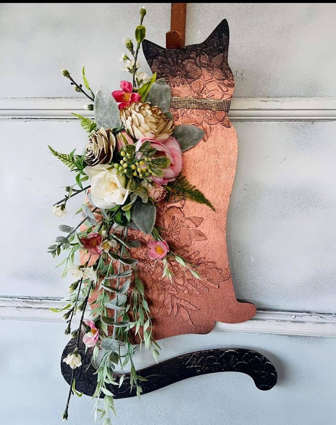 Large 20" Wooden Cat Patterned W/ Pink Wood Flowers • Crystal Collar ...