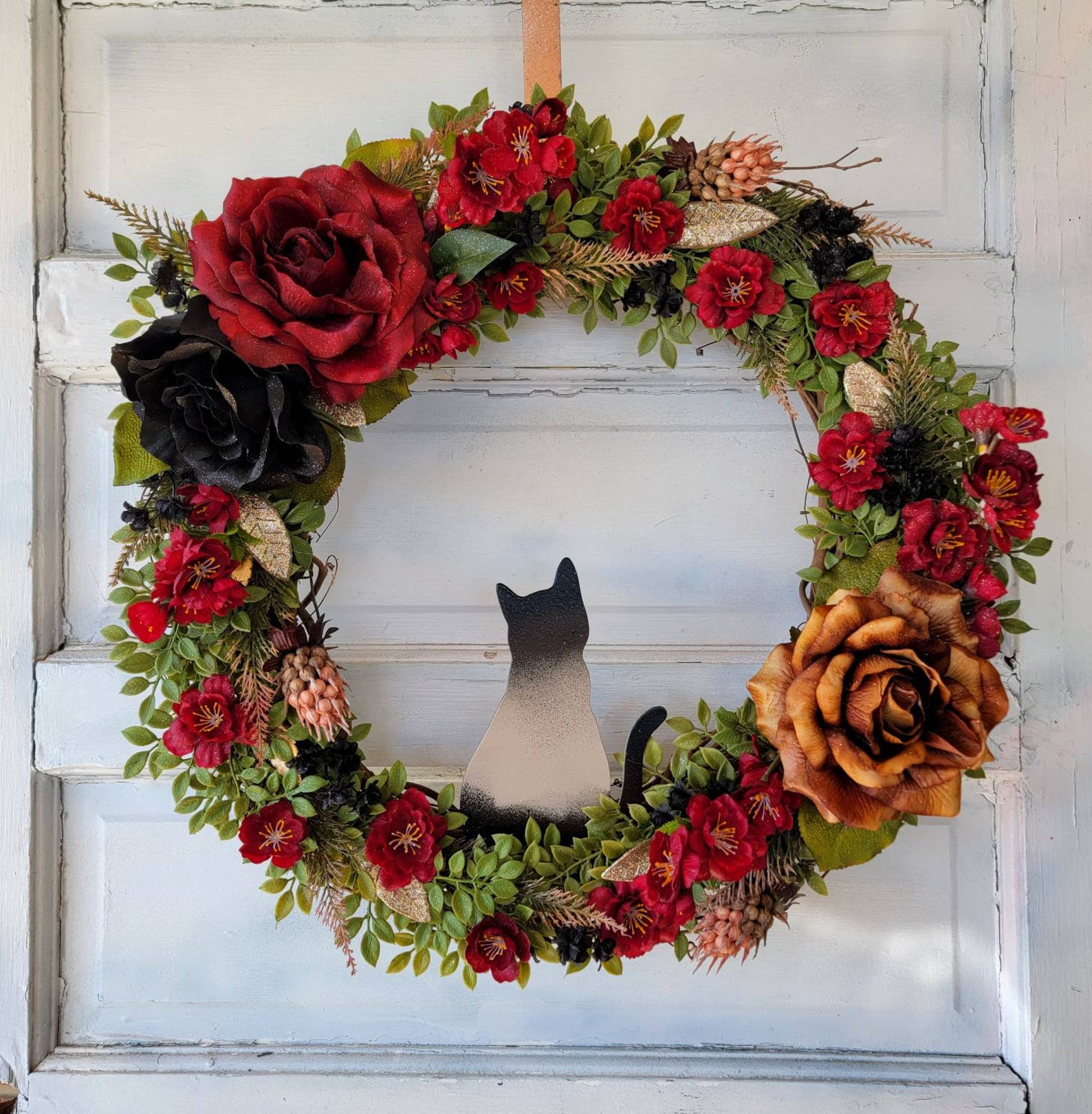 Witchy Wildflower Cat Front Door Wreath W/ Red & Gold Flowers - Etsy