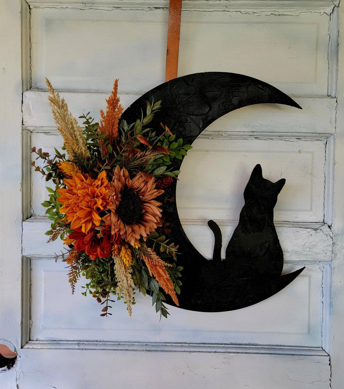 Fall Cat Crescent Moon Wreath Witchy Botanical W/ Sunflower - Etsy