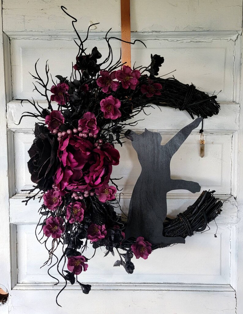 Black Cat Witchy Hag Wreath Crescent Moon Wreath W/ Crystal • Gothic ...
