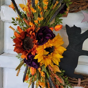 Cat Halloween Crescent Moon Wreath W/ Stars • Gothic Celestial Door ...