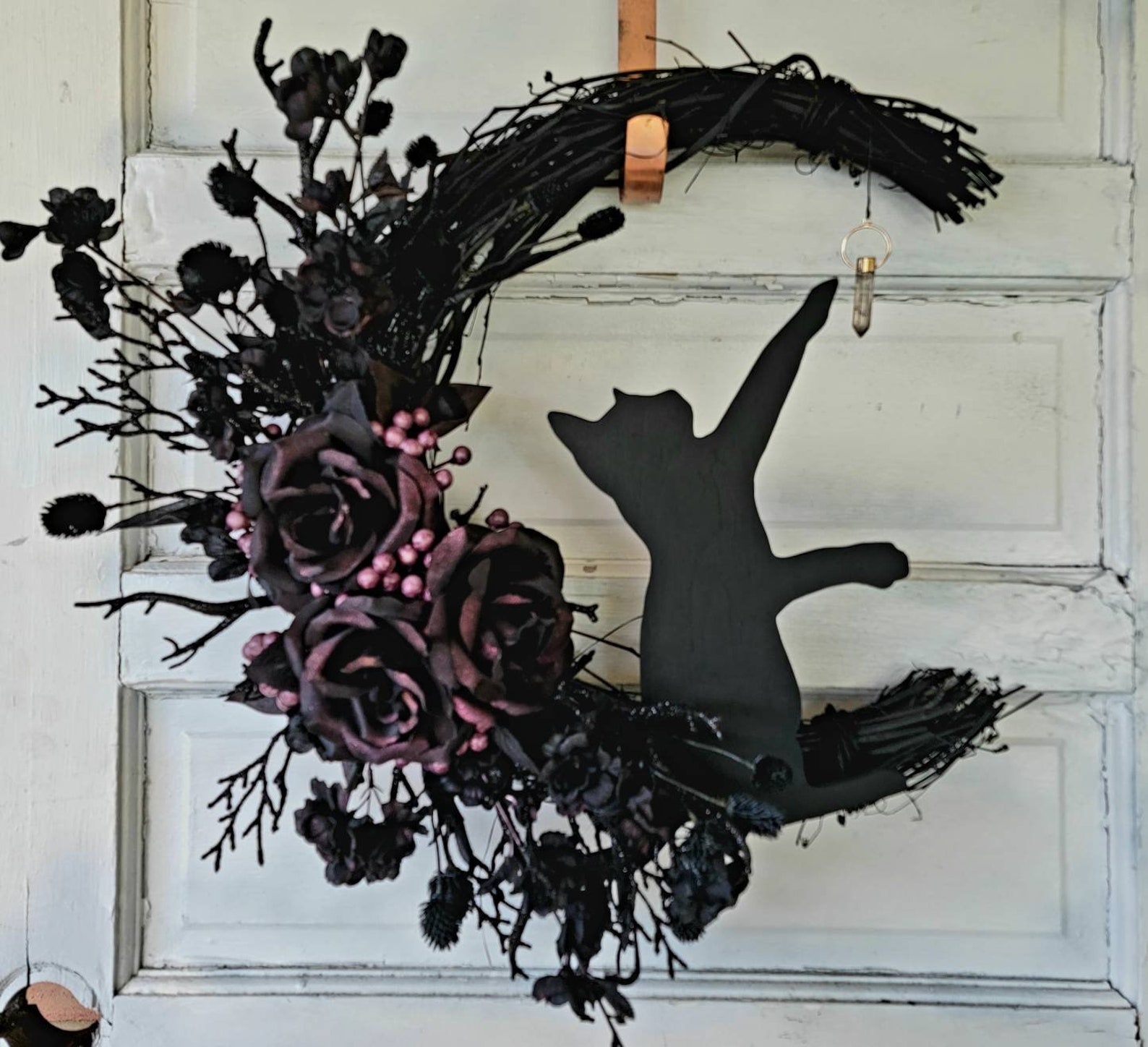 Cat Moon Wreath Witchy Hag Crescent Moon Wreath W/ Crystal • Gothic ...