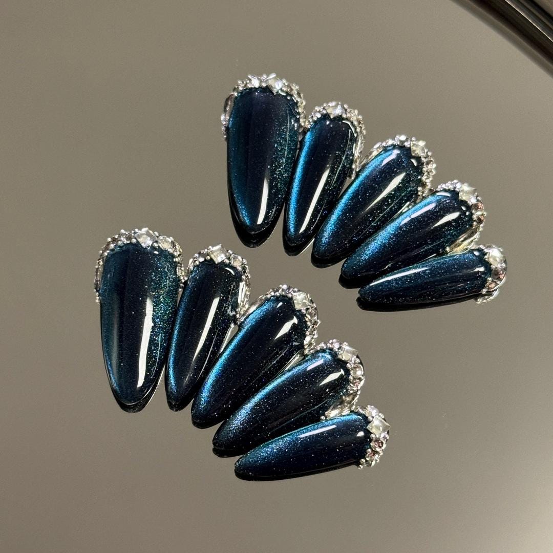 Midnight Blue Cat Eye Press on Nails Long Almond Rhinestone Acrylic ...
