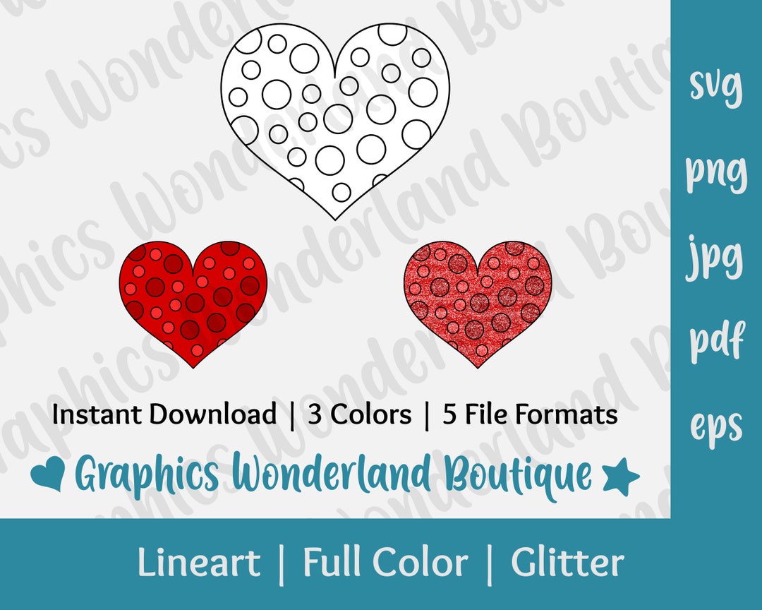 Polka Dot Heart Graphic | Heart Clipart | 3 Colors: Lineart, Full Color ...